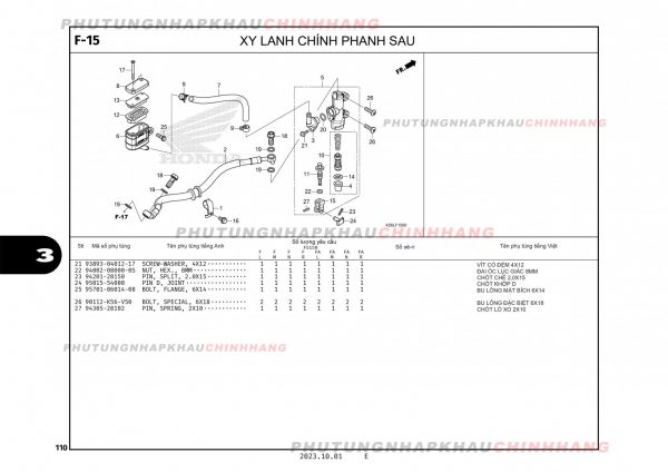 F15 - XY LANH CHÍNH PHANH SAU - HONDA WINNER X V3 V4 (K2P) - Phụ Tùng Nhập Khẩu Chính Hãng