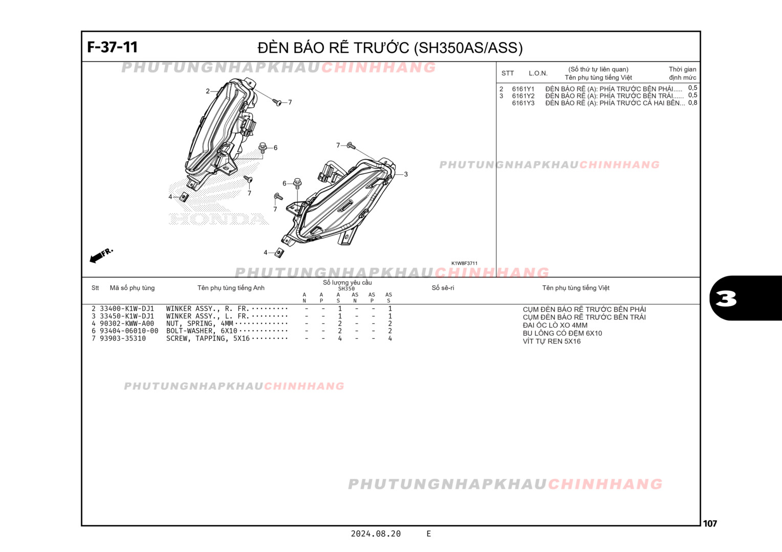 F37-11 - ĐÈN XI NHAN TRƯỚC (2025) - HONDA SH 350 (K1W) - Phụ Tùng Nhập Khẩu Chính Hãng